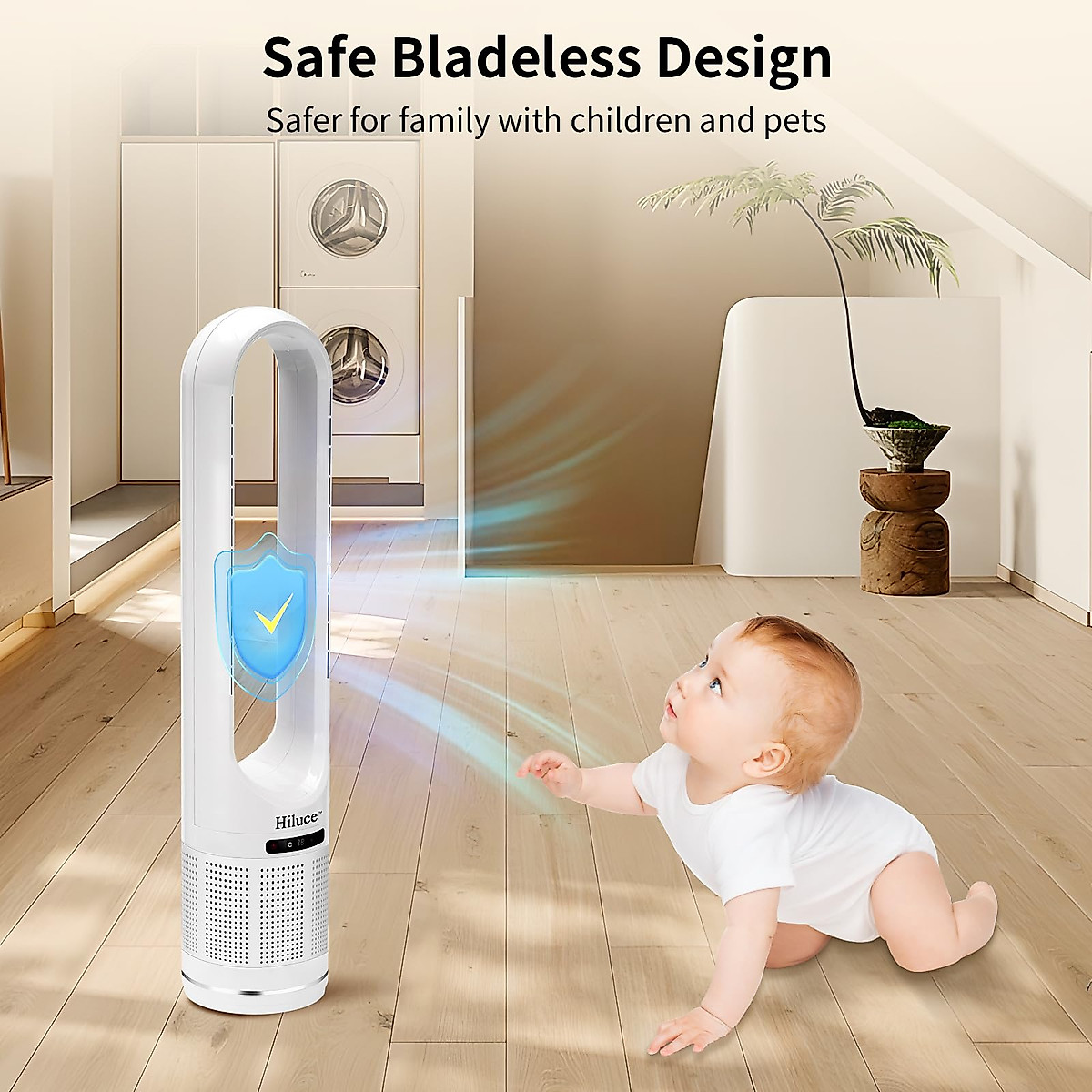 Hiluce Fan and Heater Combo,3-in-1 Bladeless Fan with Remote,Space Heater Fan,HEPA Filter,Tip-Over Switch,26ft/s Quiet Heater Fan,80°Oscillating, 8 Speeds, 9H Timer, 32 inch Large