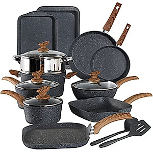 Kitchen Academy Induction Cookware Set-17 Piece Non-stick Cooking Pan Set, Black Granite Pots and Pans Set
