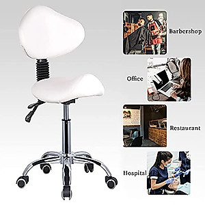 Height Adjustable Saddle Stool with Back Support, Ergonomic Hydraulic Swivel Rolling Chair with Removable Backrest for Beauty Salon Massage Dental Clinic Office, White