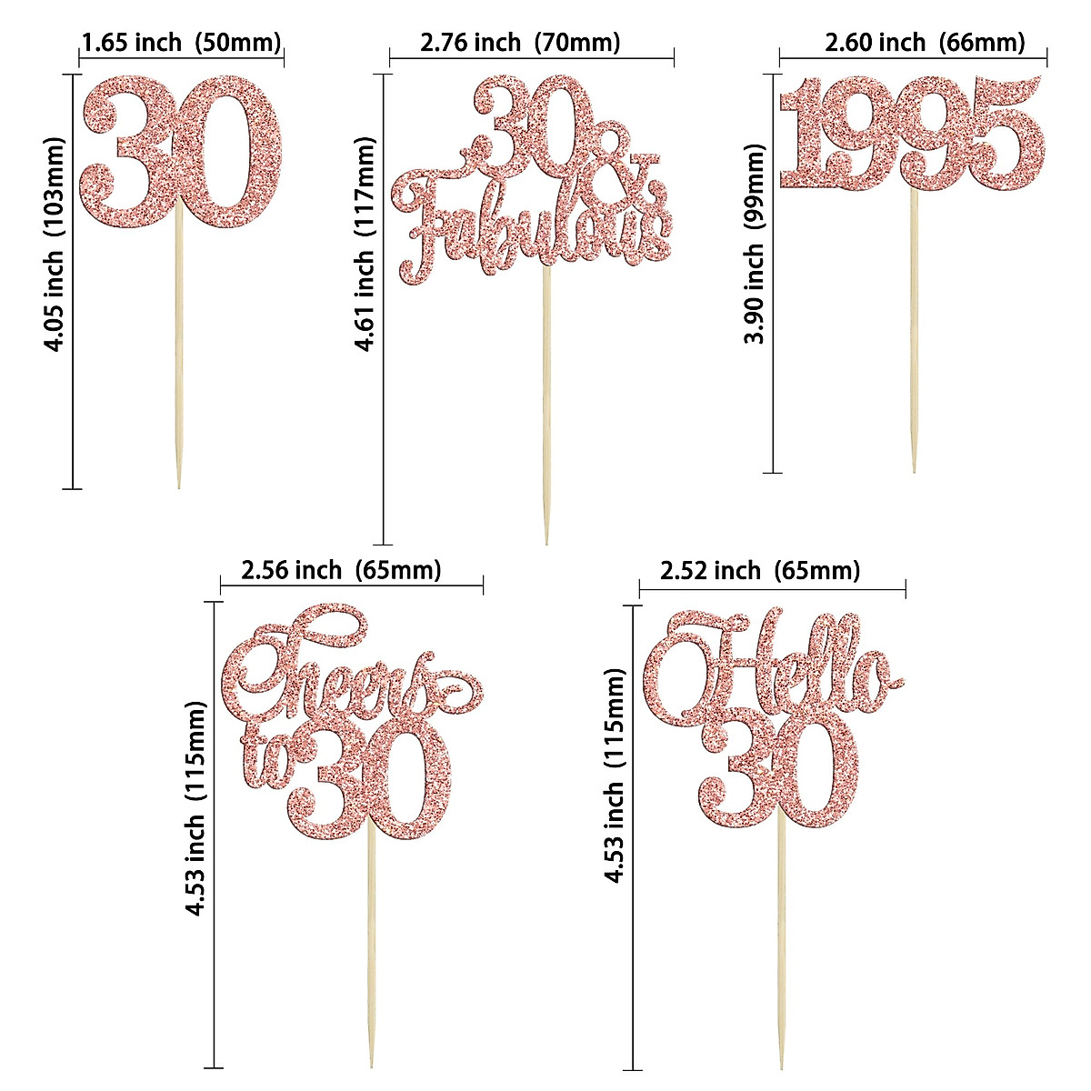 Gyufise 30Pcs 30th Birthday Cupcake Toppers Glitter Hello 30 Cupcake Topper Cheers to 30 1995 Thirty Cupcake Picks for Happy 30th Birthday Anniversary Party Cake Decorations Rose Gold