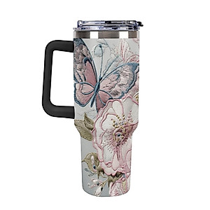 YTLKGFP 40 Oz Large Capacity Car Cup Beautiful Butterfly Pattern Tumbler with Handle (Black) Straw Lid Insulated Stainless Steel Water Bottle Travel Mug Leak-proof Car Cup Keeps Cold Or Hot