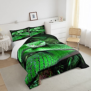 Snake Comforter Set Twin, Green Snake Duvet Insert, 3D Reptile Bedding Comforters, Green Scales Wild Animal Quilt Set Rainforest Palm Leaf Stylish Quilted Duvet For Kids Boys Teens Man Bedroom Decor
