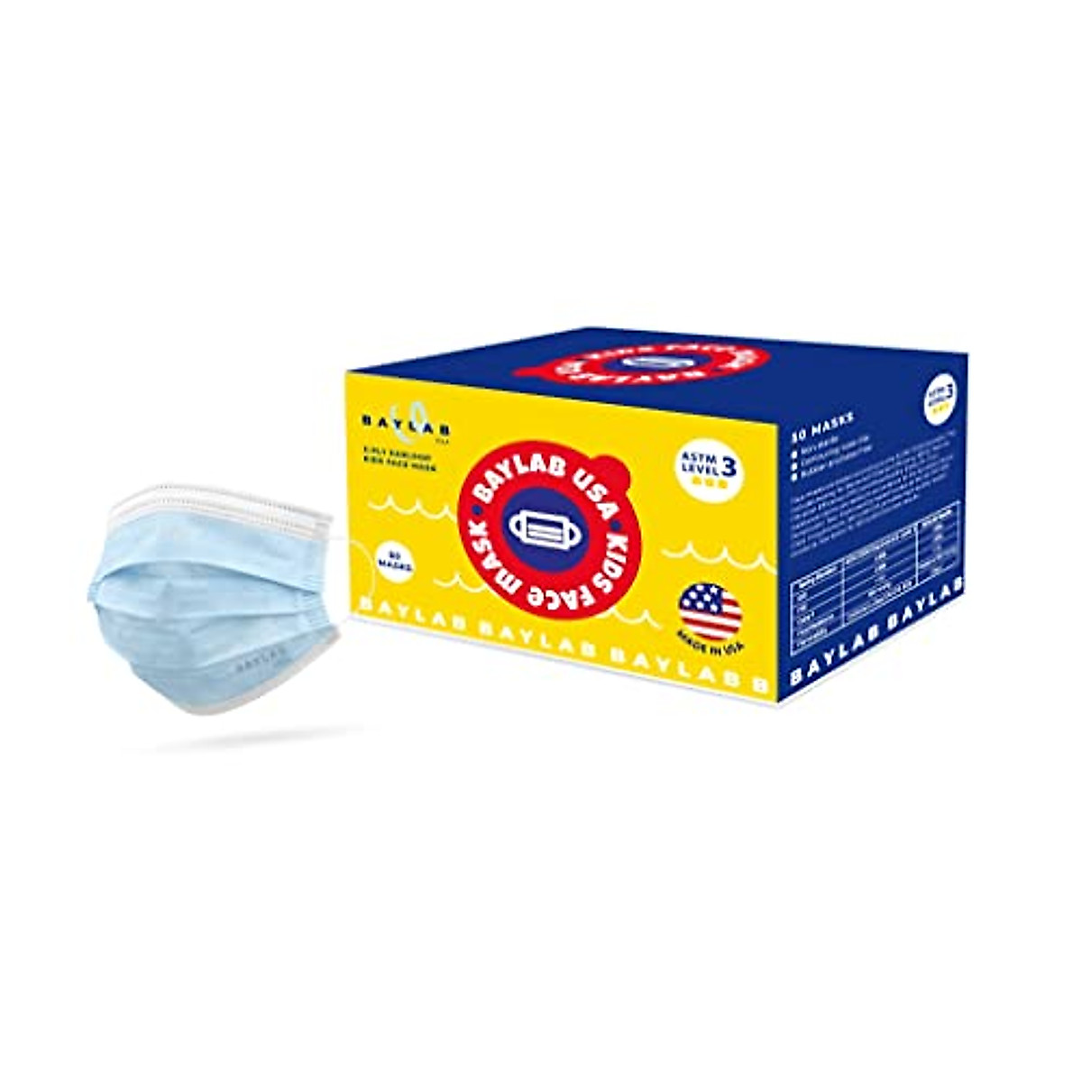 BAYLAB USA ASTM Level 3 Kid Size Disposable 3-Layer Face Masks, Bay Blue, Pack of 50