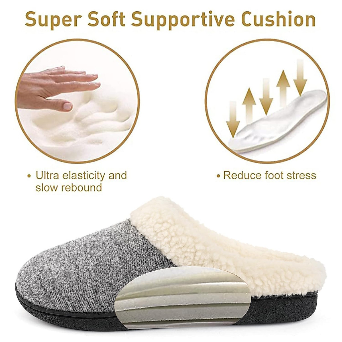 Wishcotton Women's Lamb-rub Sherpa House Slippers Memory Foam Indoor Outdoor, Grey, 8-9 US