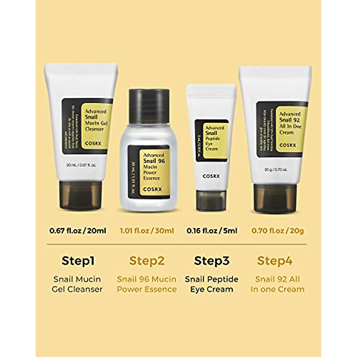 COSRX All About Snail Korean Skincare | TSA Approved Travel Size, Gift Set with Face Gel Cleanser, Essence, Cream & Eye-cream, Repairing, Recovering, Rejuvenating Kit with Snail Mucin, Korean Skincare