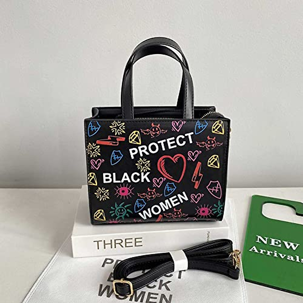 AyTotoro Fashion Protect Black Women graffiti Purses Tote Bag PU Leather Top Handle Handbag Shoulder Bag Crossbody(black)