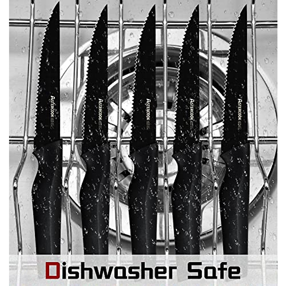 Astercook Steak Knives, Steak Knives Set of 8, Dishwasher Safe High Carbon Stainless Steel Serrated Steak Knife, Black