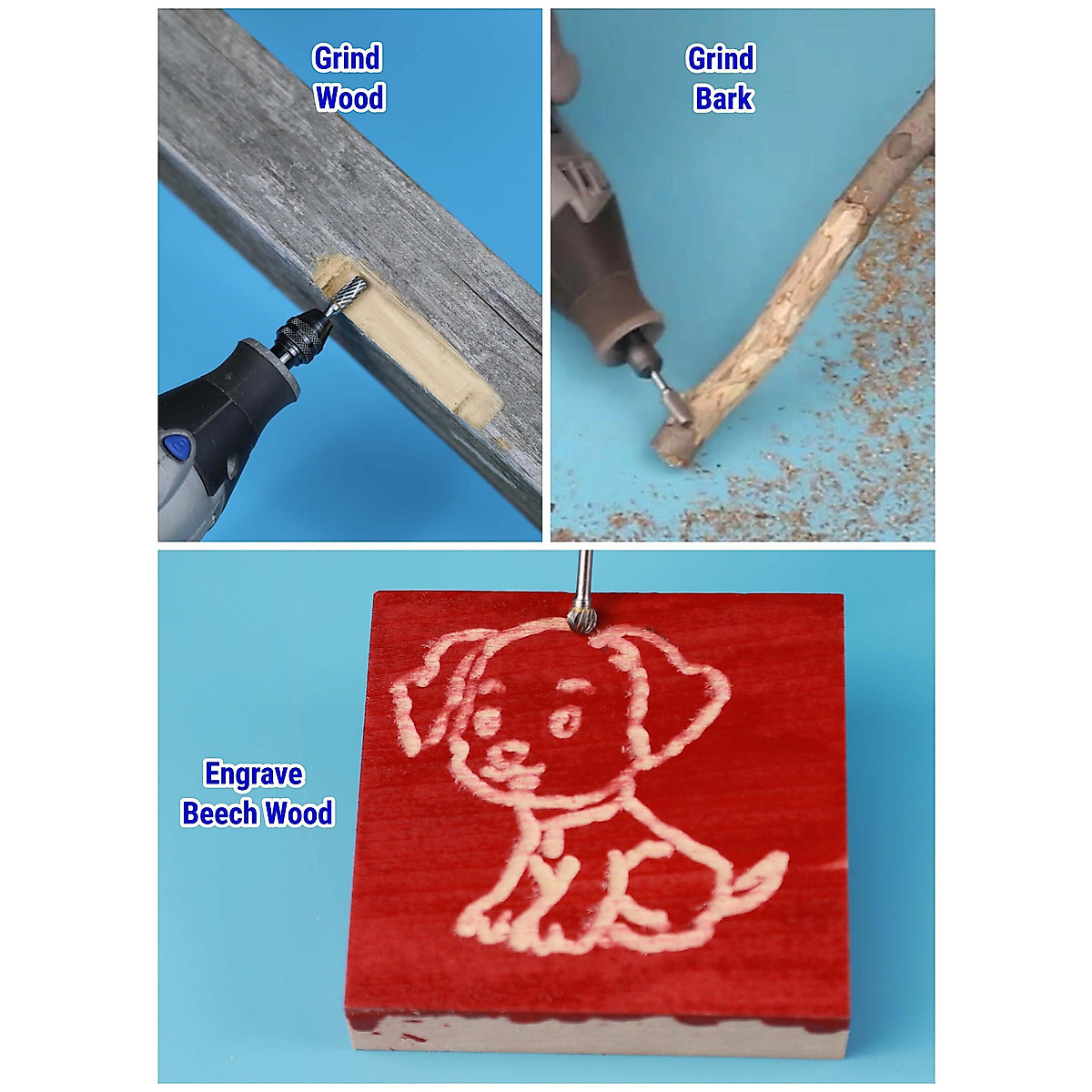 Mars-Rock Carbide Burr Set Compatible with Dremel Milwaukee 1/8" Shank 10PCS w/Wood Base Die Grinder Rotary Tool Rasp Bits Accessories Attachments Metal Wood Stone Plastic Carving Cutting Grinding