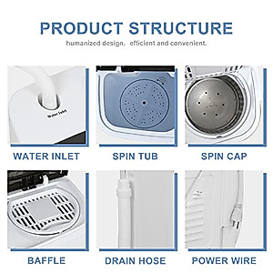 SUPER DEAL Compact Mini Twin Tub Washing Machine, Portable Laundry Washer w/Wash and Spin Cycle Combo, Built-in Gravity Drain, 13lbs Capacity for Camping, Apartments, Dorms, College Rooms, RV’s and more