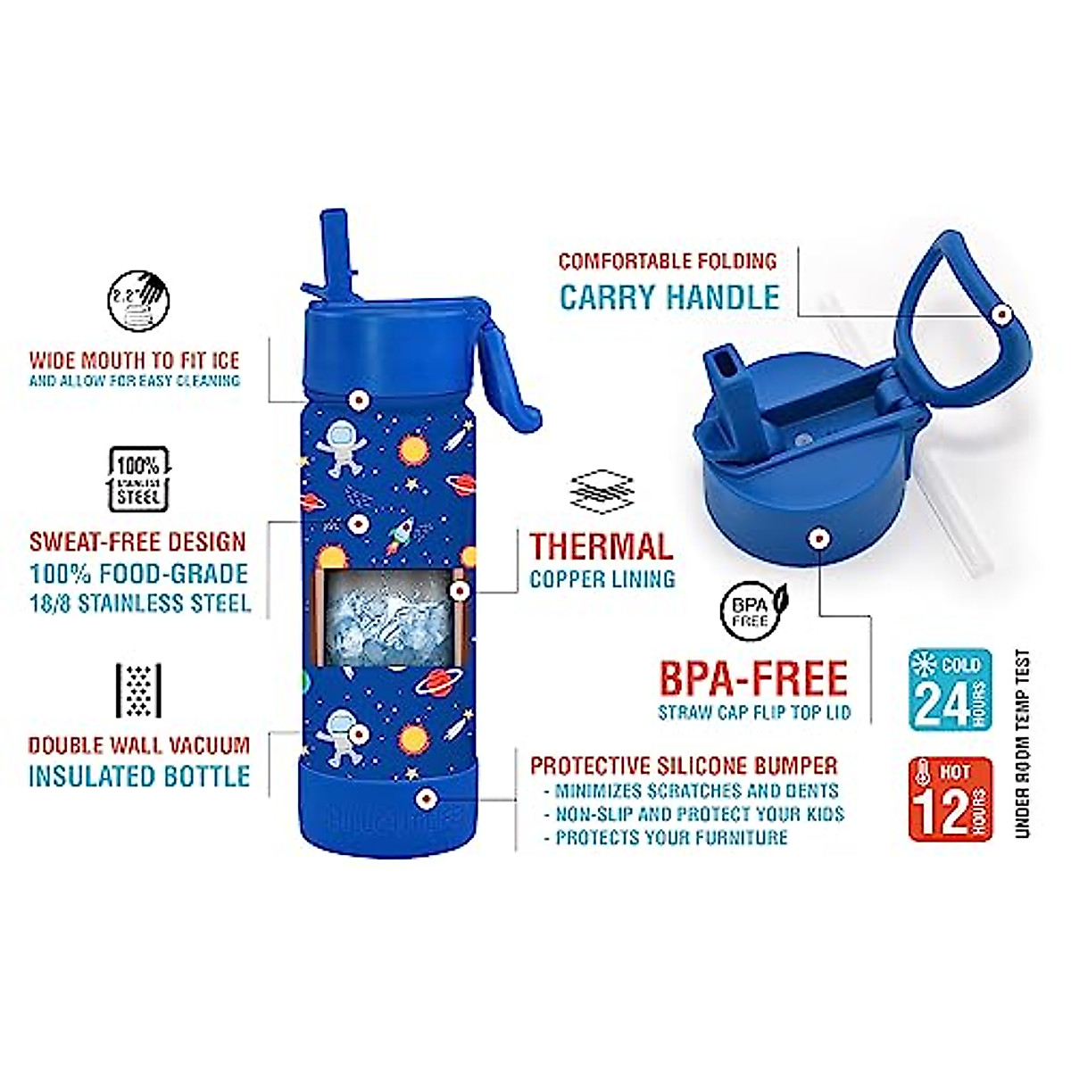 CHILLOUT LIFE 17 oz Kids Insulated Water Bottle for School with Straw Lid Leakproof and Cute Waterproof Stickers, Personalized Stainless Steel Thermos Flask Metal Water Bottle, Blue Space