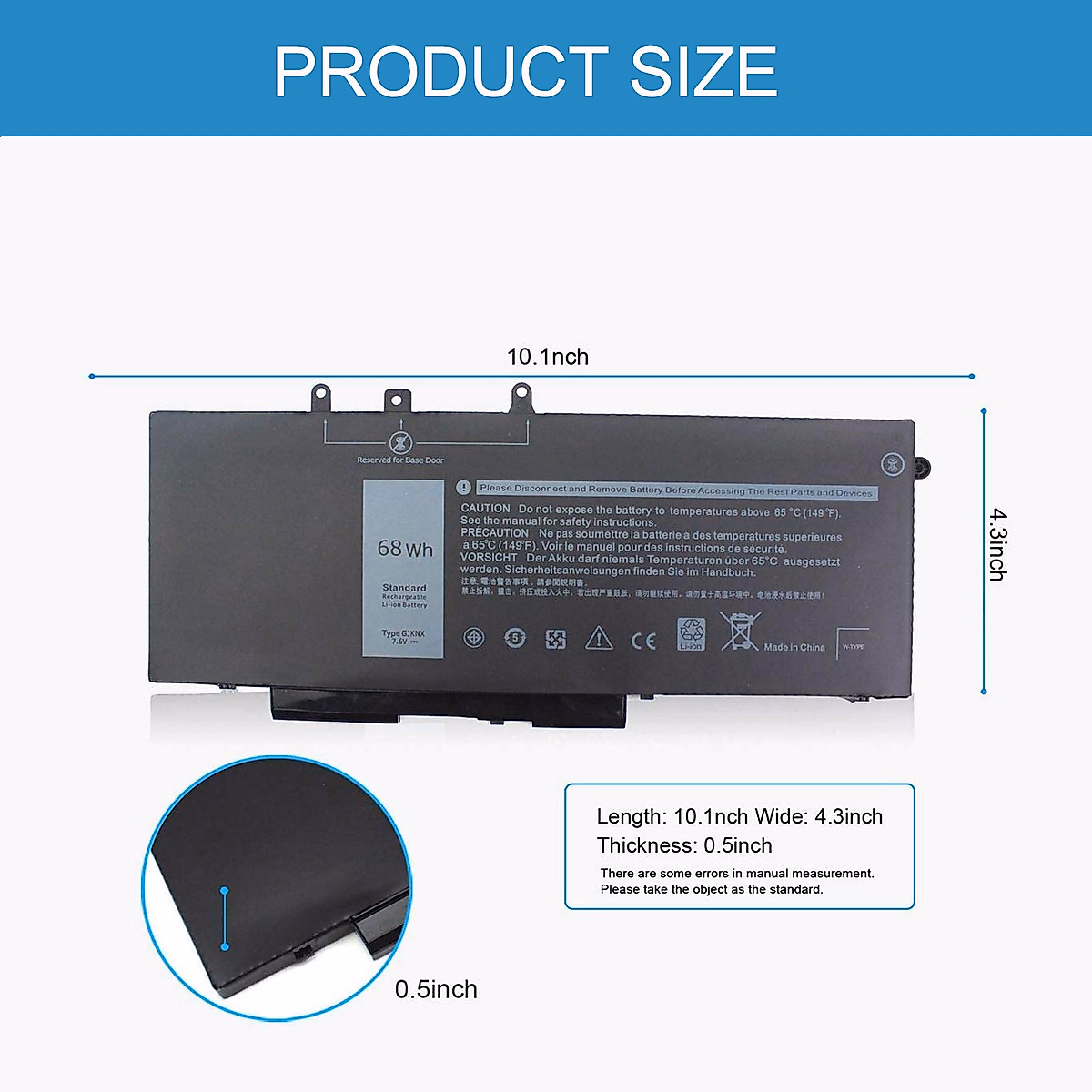 Uziyockn 68Wh GJKNX Battery for Dell Latitude 5280 5480 5490 5290 5580 5288 5488 5491 5495 5590 5591 E5480 E5580 E5590 E5490 Precision 15 3520 3530 GD1JP DY9NT 0DY9NT 5YHR4 451-BBZG 7.6V 4-Cell