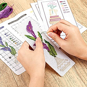 Caydo 3 Pieces Cross Stitch Bookmark Kits, Flowers Stamped Embroidery Bookmark with Backing Felt and Instructions Beginner Cross Stitch Kits for Adults, Book Lovers, 14 CT