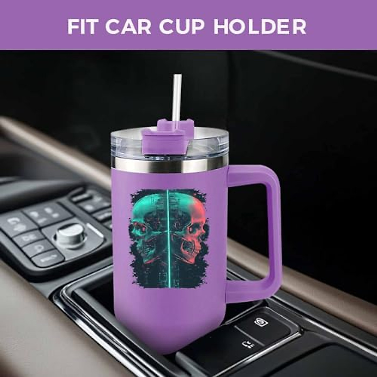 LB LEOBON 40 ounce insulated cup with handle, double-layer vacuum stainless steel material, equipped with straw, can keep warm or maintain cold drinks Neone Poppe Skeletons 2 Deep purple
