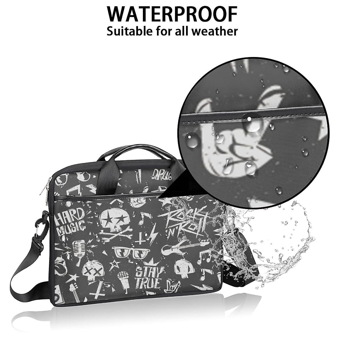Music Skull Laptop Computer Bag Waterproof Shoulder Messenger Bag 13-15 inch Durable Laptop Tote Bag with Shoulder Strap Handle Lightweight Crossbody Briefcase