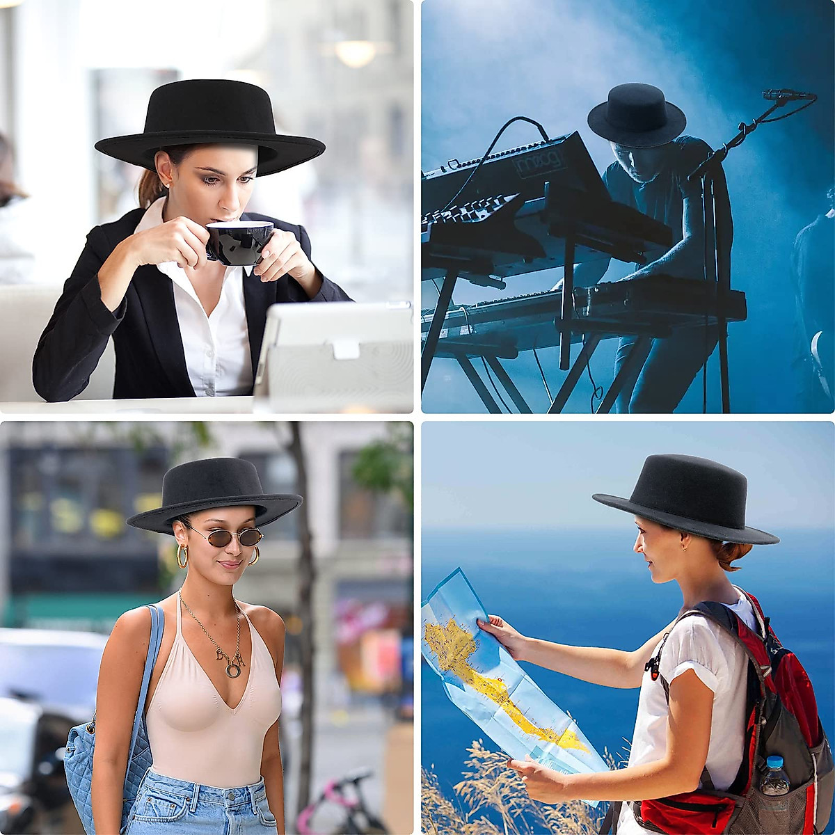 YEAJOIN Fashion Classic Black Fedora Flat Hat, Wide Brim Jazz Hats Church Derby Cap for Women and Men