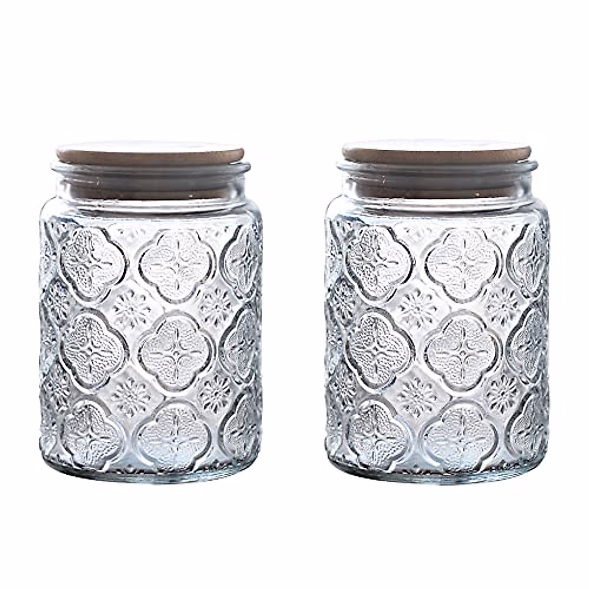 Livejun Vintage Glass Jar Canister Storage Jar with Seal Wooden Lid Retro Design for Kitchen Counter, Pantry, Tea, Sugar, Coffee Tea Beans,Flour 23.5 oz Set of 2 (Plum blossom)