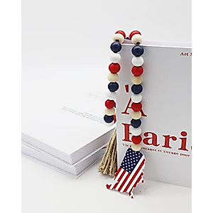 Wooden Beads Decor,Fall Decorations for Tiered Tray Decor Wood Bead Garland, Farmhouse Decor Beads with Tassel, Prayer Boho Beads Big Wall Hanging Decor (Red, White, Blue)