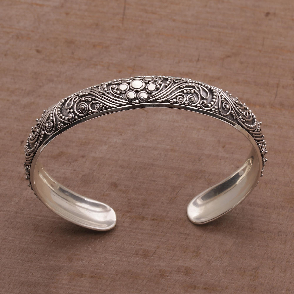 NOVICA Artisan Handmade Sterling Silver Cuff Bracelet Swirl Motif from Bali No Stone Indonesia [6 in L (end to End) x 0.4 in W] ' Shrine Swirls'