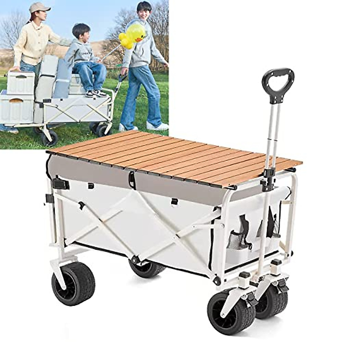 Back Open Folding Garden Utility Wagon With Table, Collapsible Outdoor Small Grocery Carts, 551Lbs Weight Capacity For Shopping & Storage, With 360 Degree Swivel Wheel,White