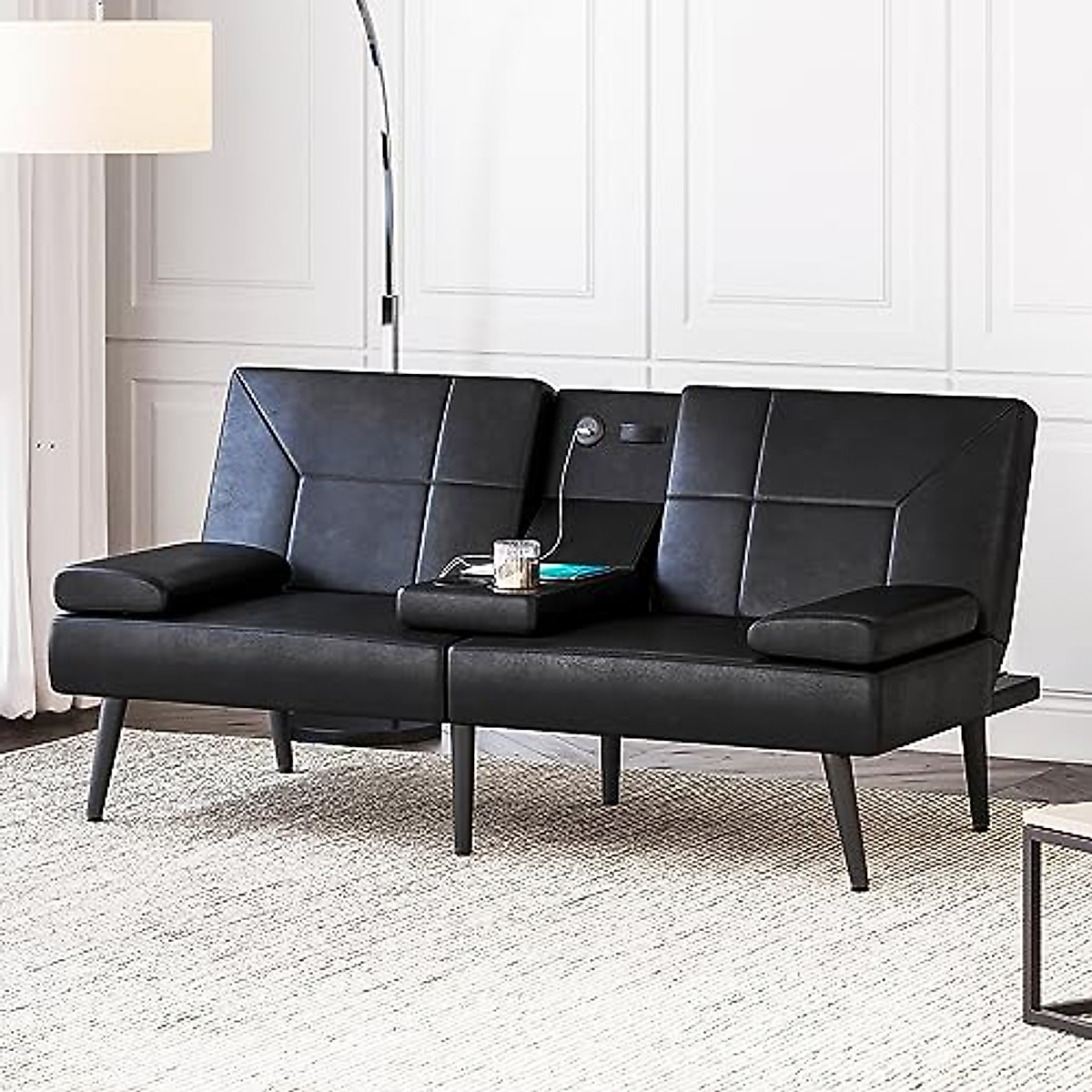 BELLEZE Futon Sofa Bed, Comfy Couch Convertible Sofa Bed with 2 USB Ports, Removable Armrests and Adjustable Backrest, Modern Loveseat Sofa for Living Room, Small Space - Madison (Black Faux Leather)