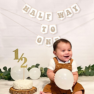 Half Way To One Banner for Baby - Baby 1/2 Birthday Party Decorations,Half Birthday Banner For Boys Girls,Neutral Rustic Baby Shower Party Decor,Six Months Baby Happy Birthday Banner Photo Props (HALF