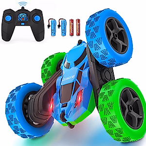 cosone Remote Control Car Toys for Boys - 4WD 2.4Ghz Double Sided 360° Rotating All Terrain RC Cars with Cool Lights, Kids Birthday for Boys-Blue&Green