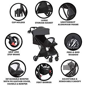 Dream On Me Insta Auto Fold Stroller | Portable Traveling Stroller | One Touch Fold | Compact Perfect for Plane, Grey