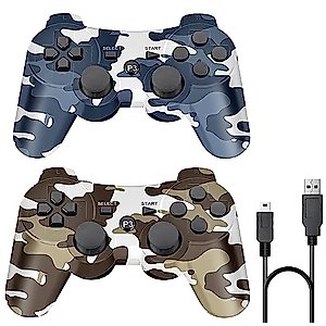 Rzzhgzq 2 Pack PS3 Wireless Controller Playstation 3 Controller Wireless Bluetooth Gamepad with USB Charger Cable for PS3 Console (Camo Brown+ Camo Blue)