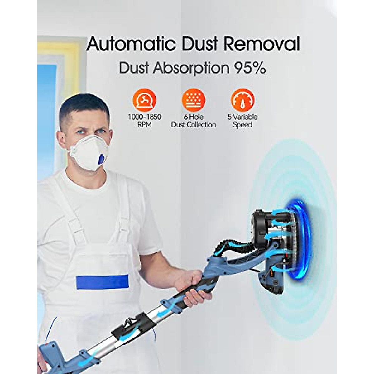 Handife Drywall Sander 800W 7A with Vacuum Auto Dust Collection, Variable Speed 800-1800RPM Power Double-Deck LED Lights, Extendable Handle, Carrying Bag Blue