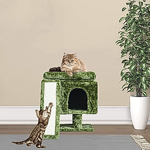 SYANDLVY Small Cat Tree for Indoor Cats, Kittens Condo with Scratching Post and Board, Cat Cave, Modern Cat Activity Tower with Plush Perch (Green)