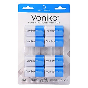 Voniko Ultra Alkaline D Batteries, Batteries D Size 8 Pack, 10-Year Shelf Life and 6-9 Times The Power as Carbon Batteries, Type D Battery 1.5 Volt