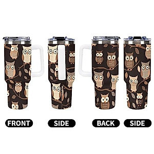 LLUTSNTH 40 Oz Vacuum Tumbler with White Handle Leakproof Insulated Tumbler Cute Brown Cartoon Owls Stainless Steel Travel Mug with Lid And Straw Coffee Cup Cute Water Bottles Cup Holder Friendly