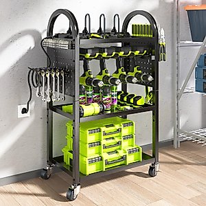 KAFAHOM Power Tool Organizer Cart with Charging Station,Garage Floor Rolling Storage Cart on Wheels for Mechanic,Mobile 8 Drill Holder, Utility Cart with Battery Charging 8 Outlet Power Strip