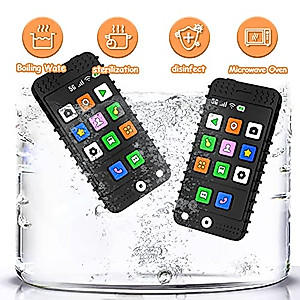 FFTROC Silicone Baby Teething Toys, Teether for Babies 6-12 Months, Smart Phone Shape Teether, Sensory Chew Toys for Boys & Girls - Black