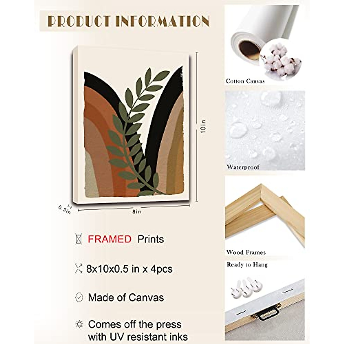 Boho Wall Art , Minimalist Wall Art , Boho Room Decor, Mid Century Modern Framed Canvas Wall Art, Abstract Boho Wall Decor, Bohemian Moon Phases Wall Painting For Living Room Bedroom Kitchen Office Home Decor Set of 4, 8x10in (Framed)