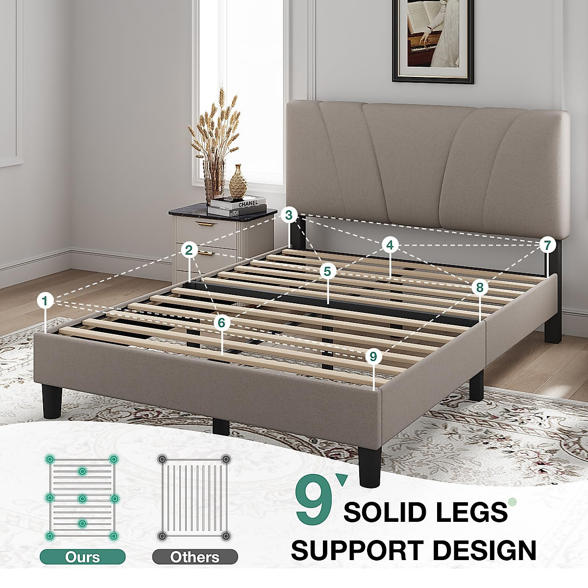 Novilla Queen Bed Frame with Headboard, Bed Frame Queen Size with Wood Slats Support,Linen Upholstered Adjustable Headboard, No Box Spring Needed, Heavy Duty Feet, Easy Assembly, Beige