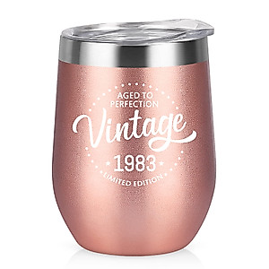 Vintage 1983 40 Year Old Presents for Women Wine Tumbler 1983 40th Birthday Gifts for Women, 12 Oz Insulated Stainless Steel Wine Tumbler with Lid for Party Anniversary Reunion Decorations, Rose Gold