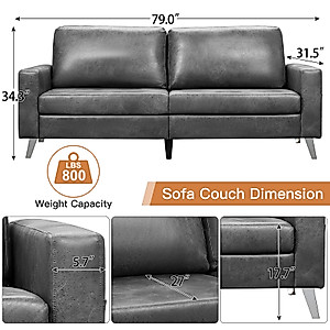 Esright Leather Sofa Couch, Faux Leather Couch 79" Wide, Mid Century Modern Couches for Living Room, Grey Leather Sofa Couch, Grey