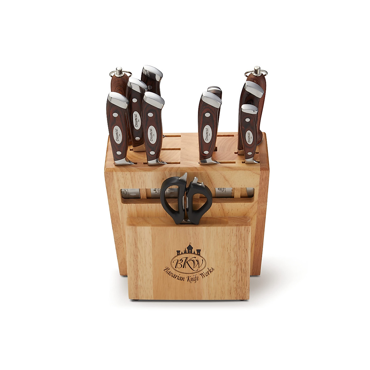 Bavarian Knife Works 19 Pieces Kitchen Knife Set, Knife Block Set with Steak Knives, Razor Sharp Blades, Ergonomic Pakkawood Handle, Light Weight Easy to Sharpen made of German Steel