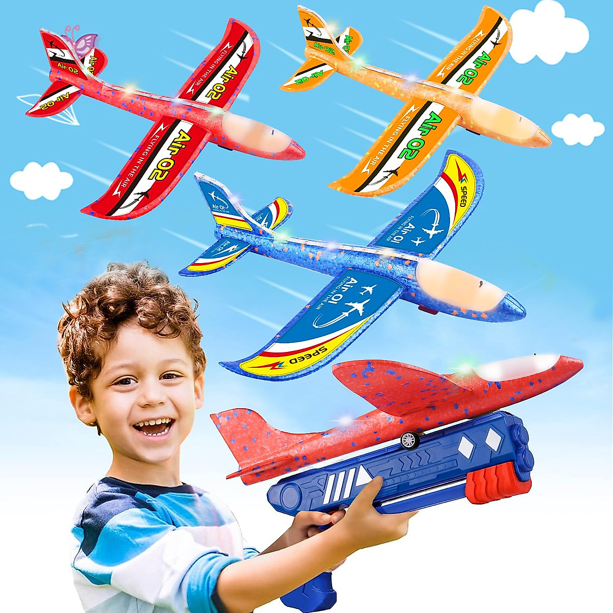 Gelaer 3 Pack Airplane Launcher Toy, 12.6" Foam Airplane Led Plane, 2 Flight Mode Catapult Plane Toys, DIY Sticker, Outdoor Flying Toys Birthday Gifts for Kids Boys Girls 4 5 6 7 8 9 10 11 12 Year Old