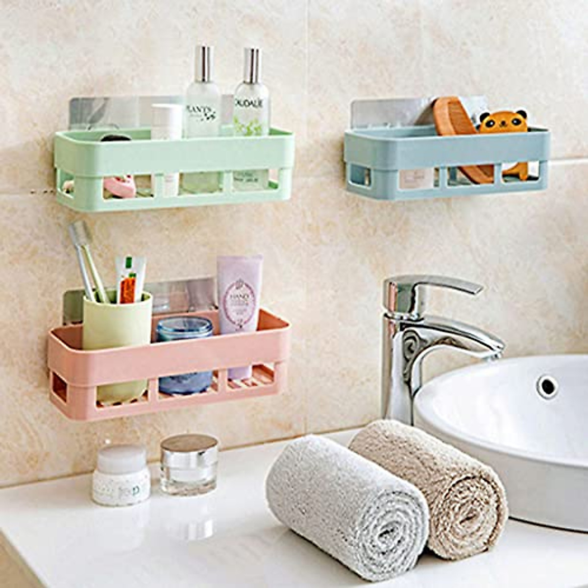 Self-Adhesive Bathroom Plastic Basket Punch Free Wall Mounted Kitchen Drain Box Shelf Toilet Storage Rack Organizer Adhesive Bathroom Plastic Basket