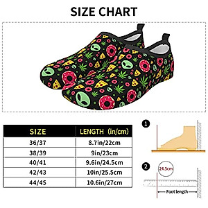 Marijuana Leafs Pizza and Aliens Print Water Shoes for Womens Mens Non-Slip Barefoot Shoes Quick-Dry Beach Swim Shoes Black