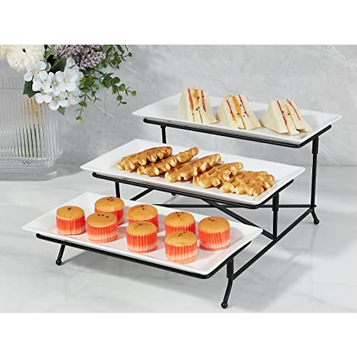 ONEMORE 3 Tier Serving Tray, Tiered Tray Stand for Party Entertaining Collapsible Sturdier Rack with 12" White Rectangular Ceramic Serving Platters for Fruit Cupcake Food Dessert Table Display Set
