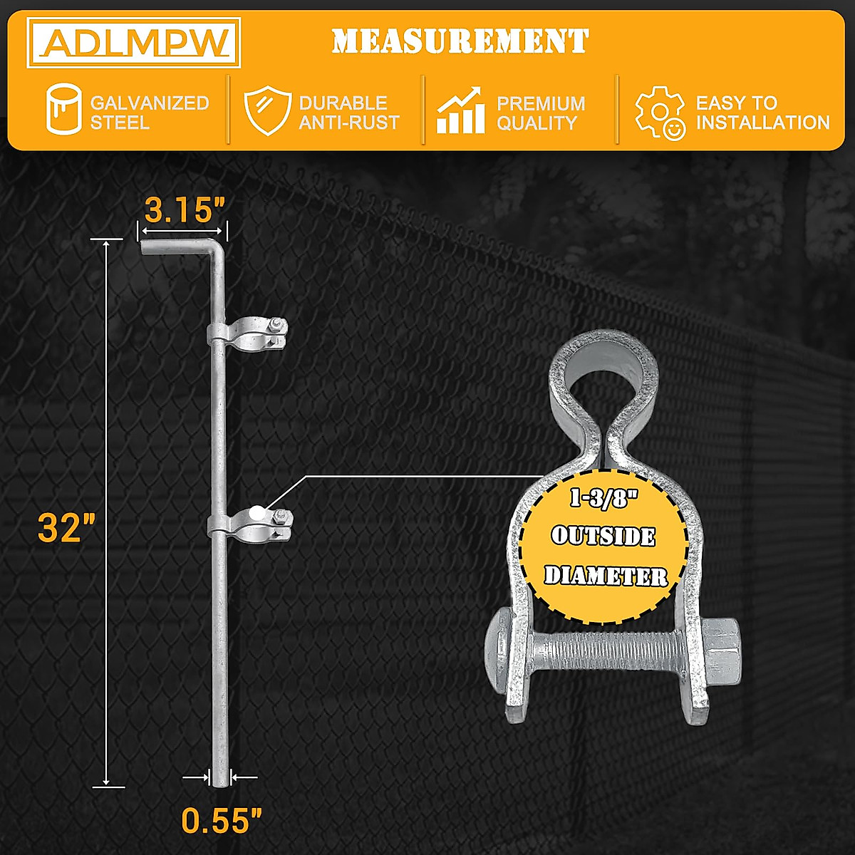 1-3/8" × 32" Gate Drop Rod, Galvanized Steel Gate Cane Bolt for Chain Link Fence, with 2pcs 1-3/8" Female gate Frame Hinge.