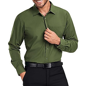 Men's Casual Button-Down Shirt Long Sleeve Regular Fit Dress Clothes Collared Plain Green XL Camisa De Hombre De Vestir