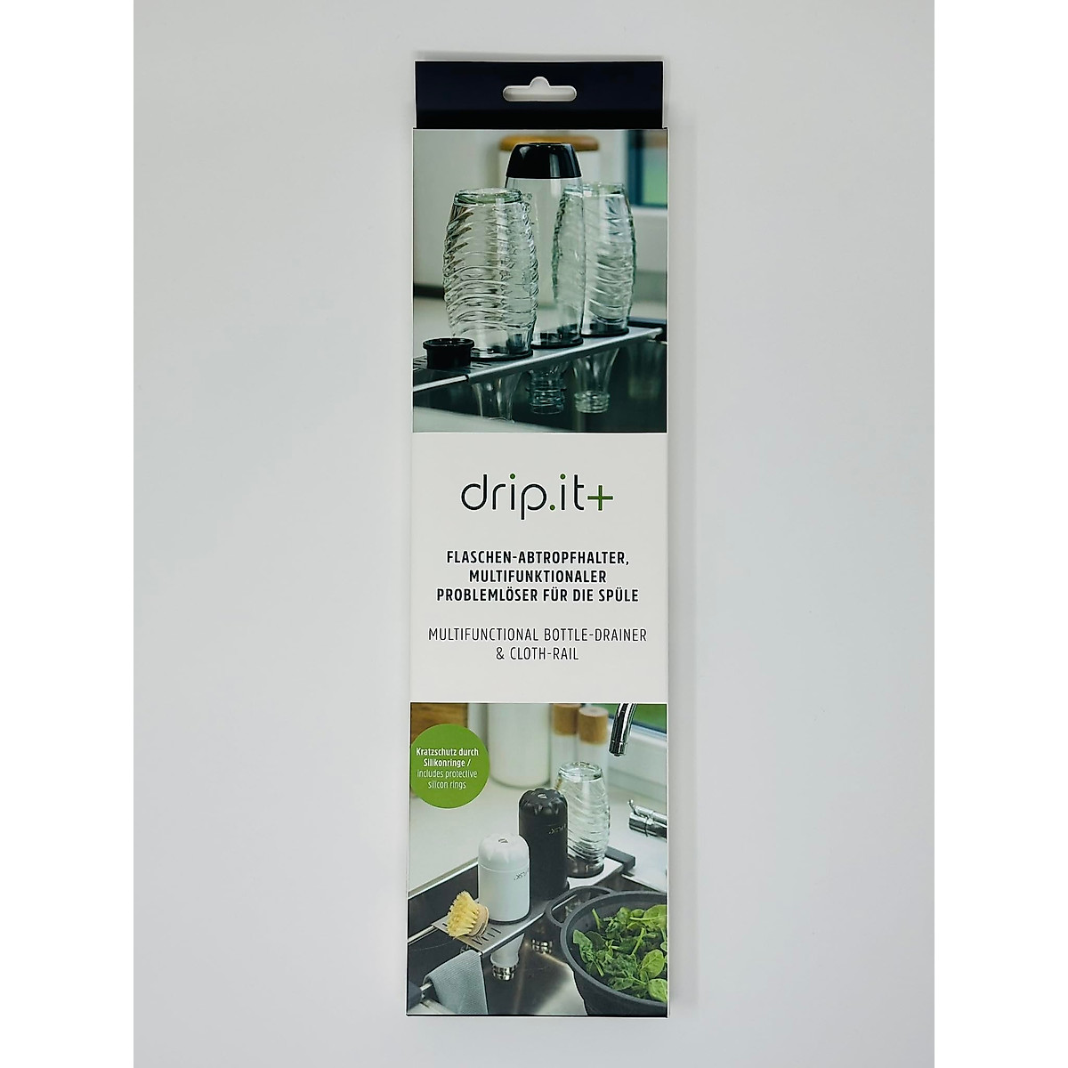 Sanni Shoo Drip.it+ | Stainless Steel Kitchen Sink Caddy | Bottle Holder for 3 Bottles with Protective Silicone Rings | Compatible with Sodastream Aqua Fizz and Other Bottles | Drainer & Organizer