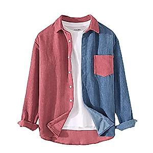 Mens Shacket Patchwork Long Sleeve Button Down Corduroy Shirts Jackets for Men