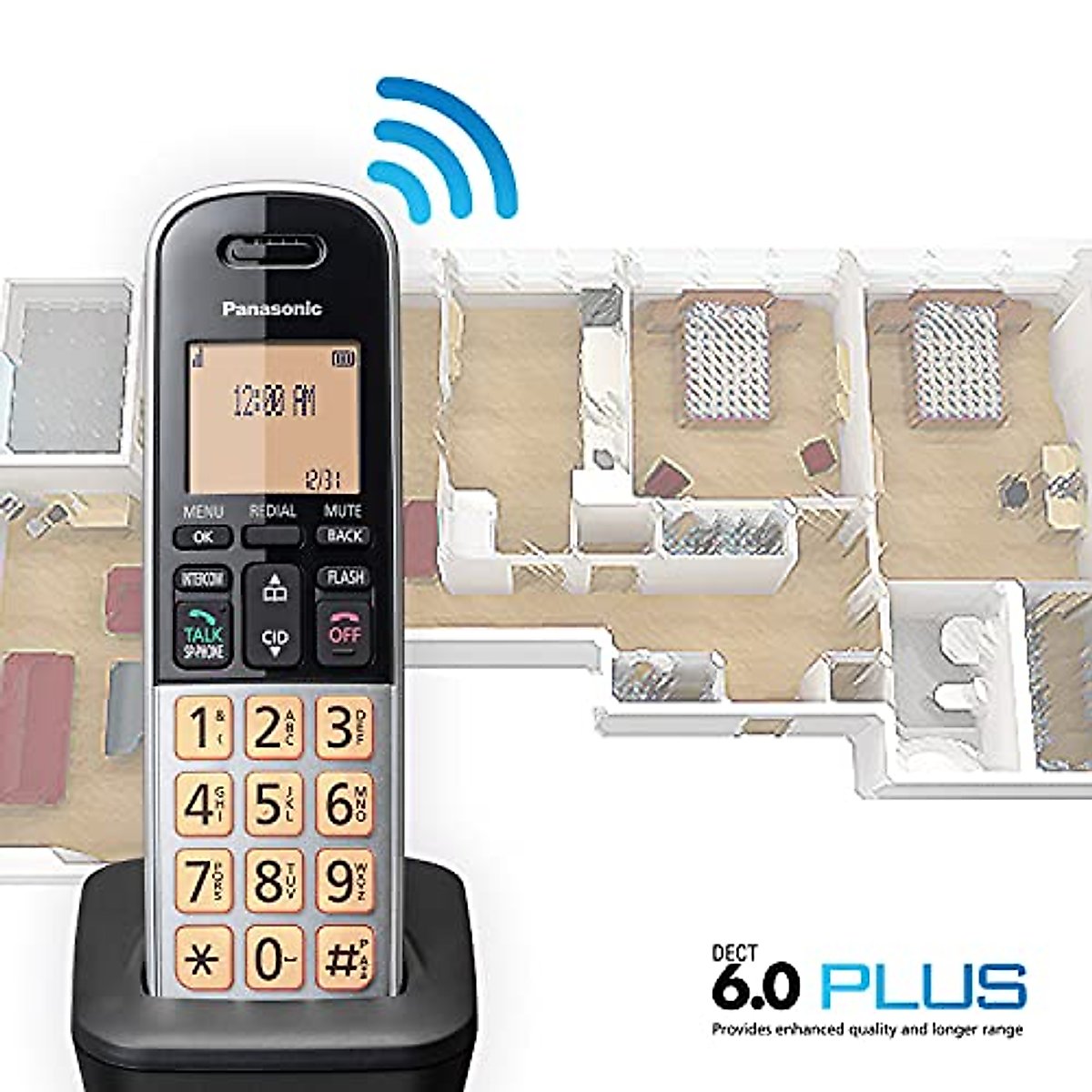 Panasonic Compact Cordless Phone with DECT 6.0, 1.6" Amber LCD and Illuminated HS Keypad, Call Block, Caller ID, Multiple Display Languages - 1 Handset - KX-TGB810S (Black/Silver)