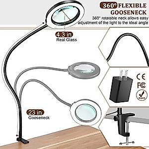VEEMAGNI 23" Magnifying Glass with Light and Clamp, 5 Color Modes Stepless Dimmable LED Gooseneck Desk Lamp, 5X Real Glass Table Lighted Magnifier Hands Free for Craft Painting Close Work Hobby Sewing