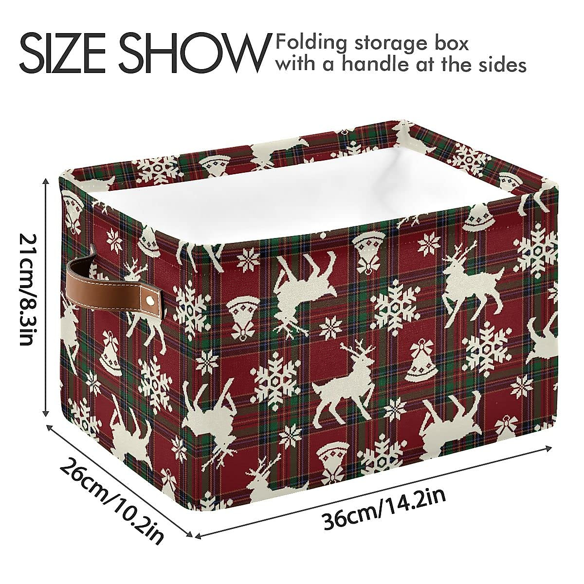 Christmas Bells Reindeer Storage Basket Fabric Laundry Baskets Winter Snowflake Xmas Red Green Buffalo Plaid Storage Boxes Organizer Bag for Cloth Toy Book Storage Cubes Shelf Closet Bins 16×12×8